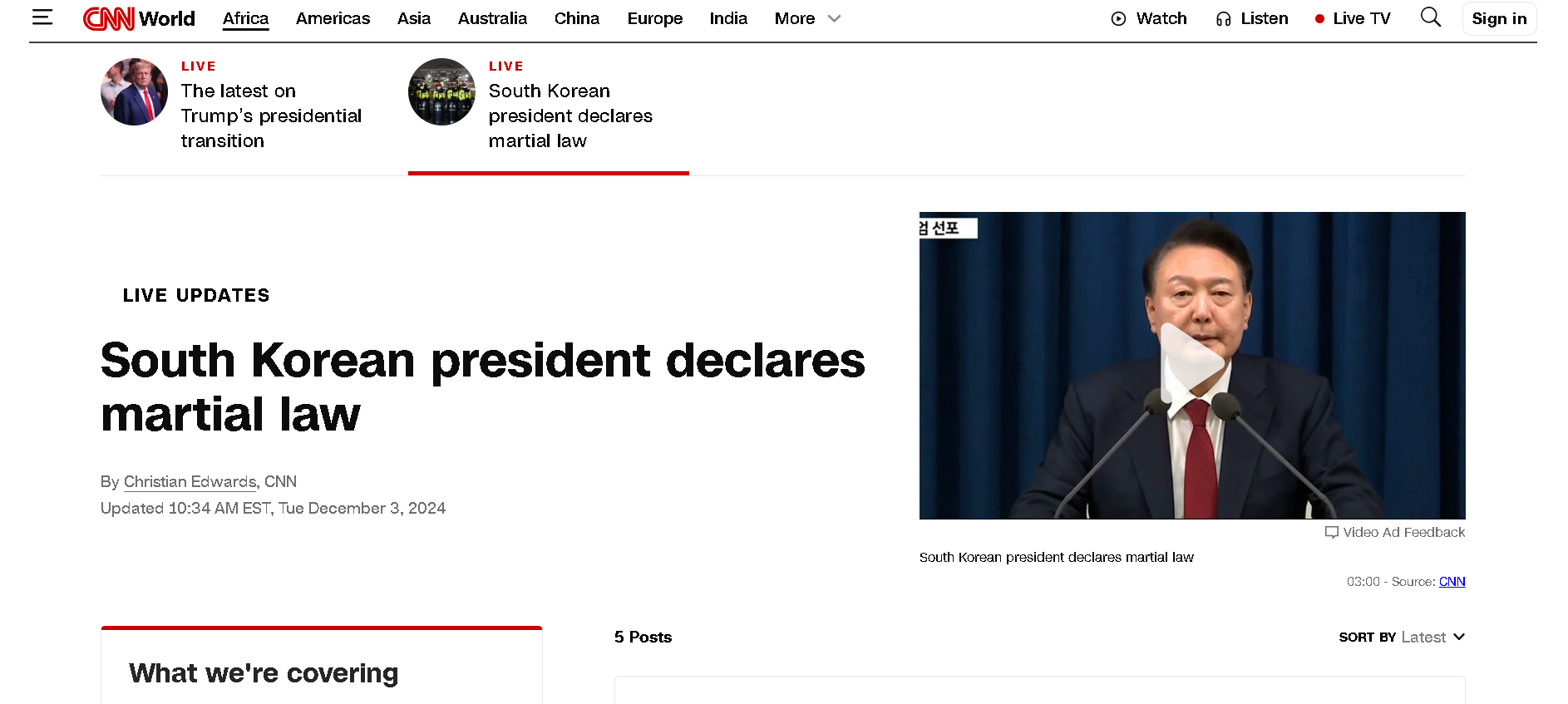 cpbc News : CNN 등 주요 외신들도 한국 계엄선포 긴급 타전